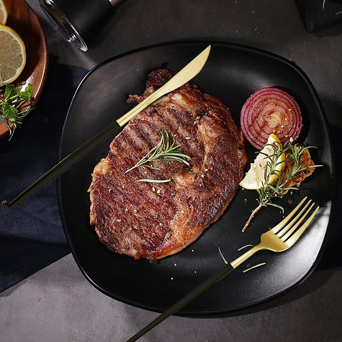 24Pieces Cutlery Set Stainless Steel Flatware Set Tableware Utensil Set with Gold Tea Spoon Food Knife Fruits Fork Set Service Eating Dinner for Kitchen Home Restaurant Hotel (Color)