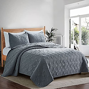 Peace nest 3 Piece Quilted Coverlet Set King Size Lightweight, All Season Bedspread Bed Cover with Pillow Shams, Dark Gray((106"X90")
