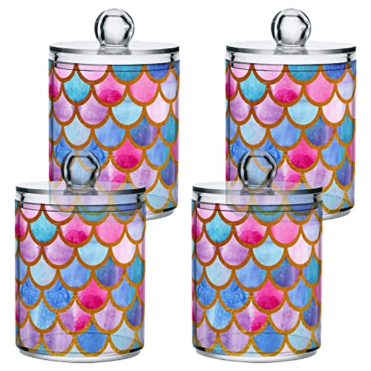 Fustylead 4 Pack Mermaid Scales Qtip Holder Dispensers, Plastic Apothecary Jar Bathroom Accessories Set for Cotton Ball, Swab, Round Pads, Floss