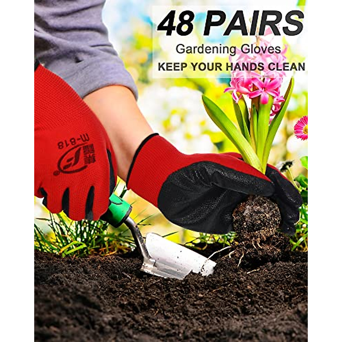 Nuogo 48 Pairs Gardening Gloves for Men Women Rubber Coated Work Gloves Garden Gloves Safety Work Gloves Construction Gloves (Red, Black)