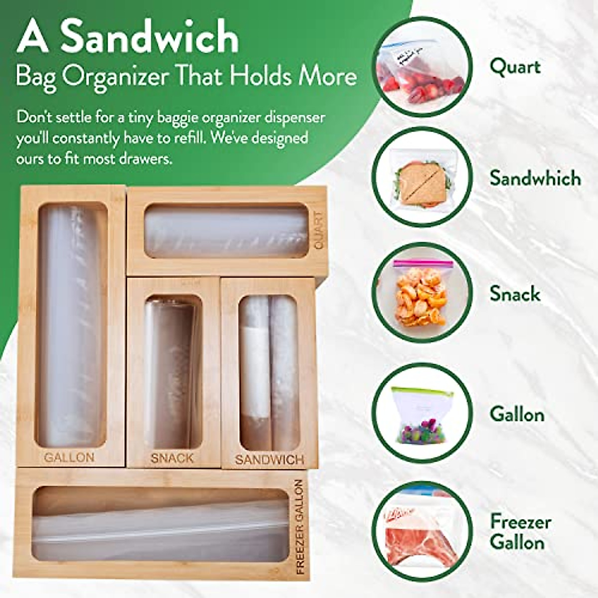 TRAKZA Bamboo Ziplock Bag Organizer for Drawer, Kitchen Storage Bag Organizer, 5 Separate Baggie Organizer for Drawer with Non-Slip Feet and Hanging Holes, kitchen organization and storage