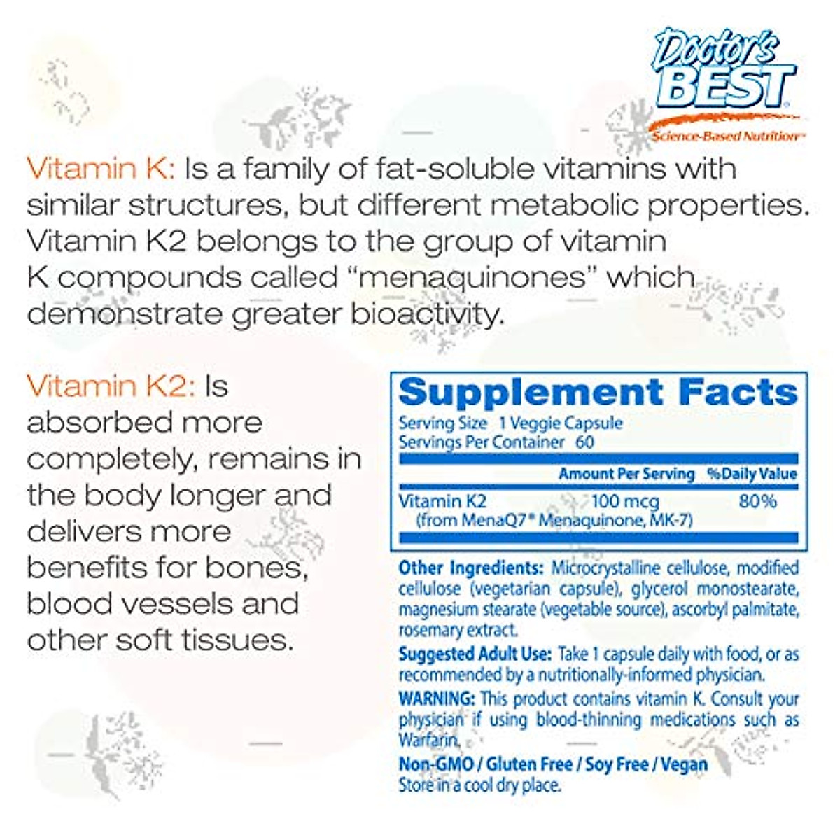 Doctor's Best Natural Vitamin K2 Mk-7 with MenaQ7, 60 Count