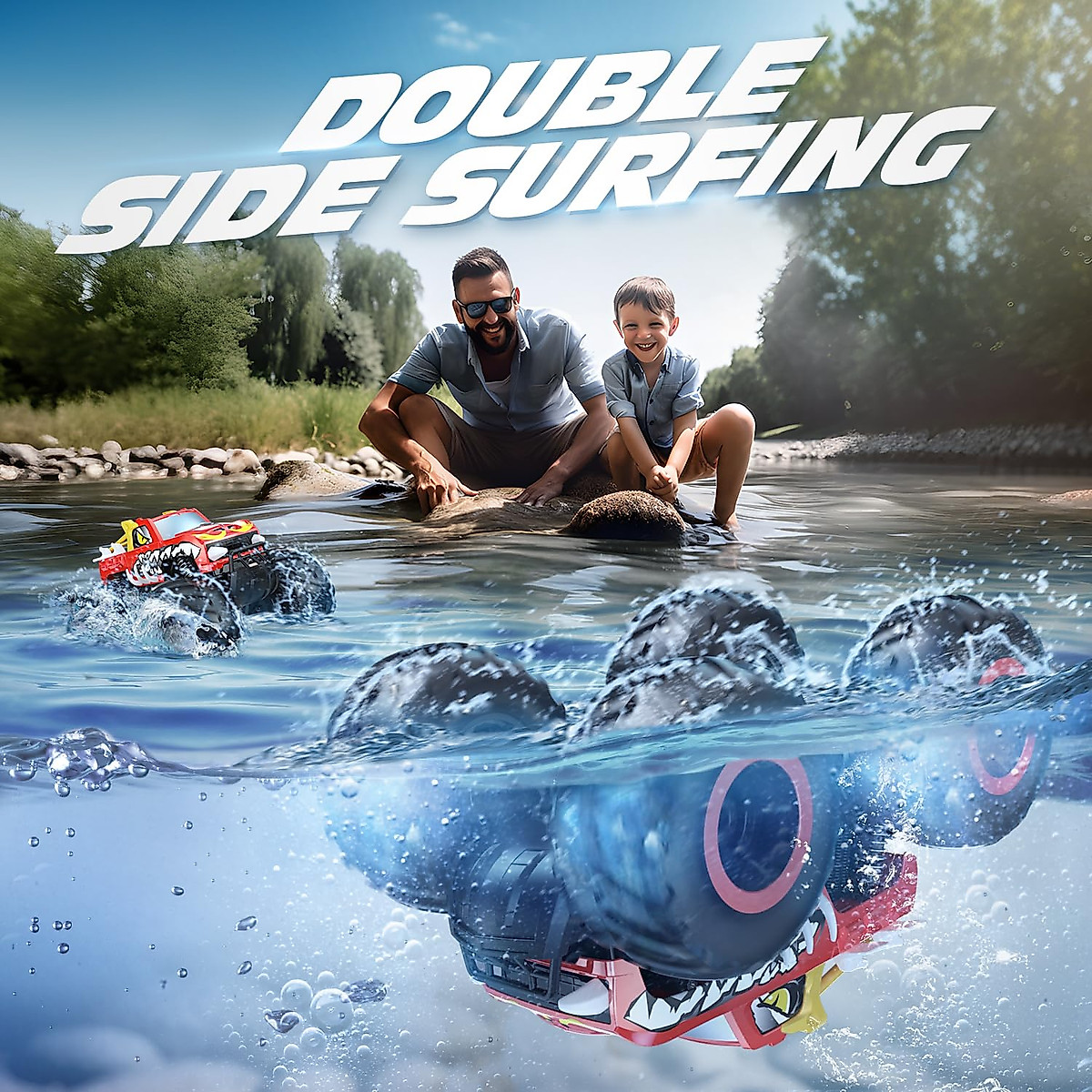 DEERC 1:16 Amphibious RC Monster Trucks IPX7 Waterproof Remote Control Car 4WD Dual Motors All Terrain Off Road 2.4Ghz RC Cars Boat Toys Gifts for Boys Girls Kids Adults