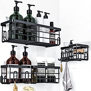 Shower Caddy, Uamector Shower Organizer No Drilling, 3 Pack Adhesive Rustproof Stainless Steel Shower Shelves, Black Shower Shelf with 17 Hooks for Inside Shower, Wall Mounted Shower Rack for Bathroom