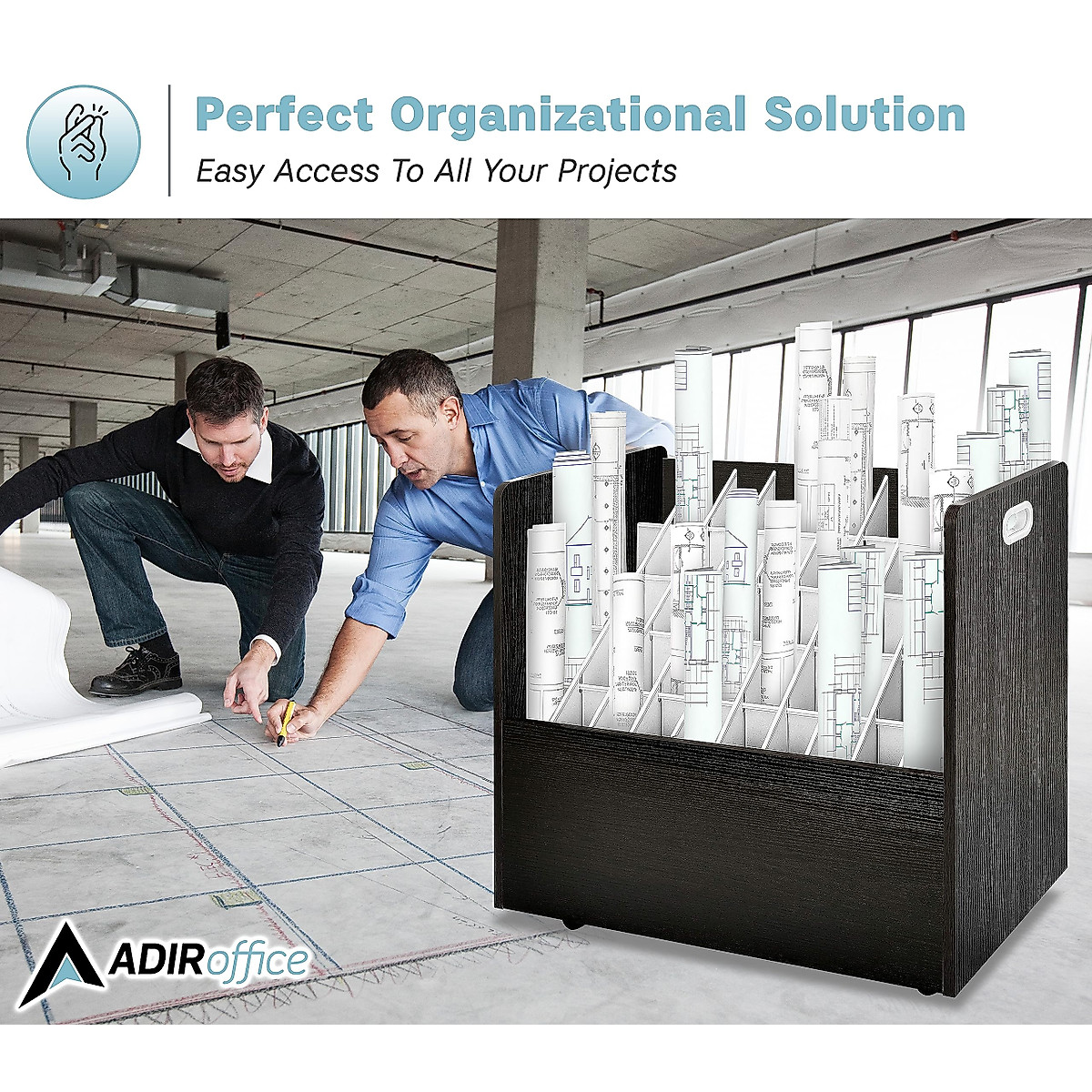 Adir Mobile Blueprint Roll File Holder - Mobile Roll File Organizer Cart for Home Office or School. 50 Slots Blueprint File Holder with Wheels for Maps, Plans, Posters