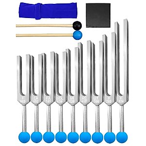 Tuning Fork Set 9 Pcs Tuning Forks with Reflex Hammer for DNA Healing Chakra Sound Therap for Buddhists Yoga Teacher Sound Healer (174 Hz, 285 Hz, 396 Hz, 417 Hz, 528 Hz, 639 Hz etc)