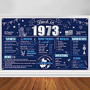 Large Blue Silver 50th Birthday Banner Backdrop Decoration for Men, Navy Blue 50th Birthday Back in 1973 Birthday Banner Party Supplies, Happy 50 Years Old Birthday Photo Background for Indoor Outdoor