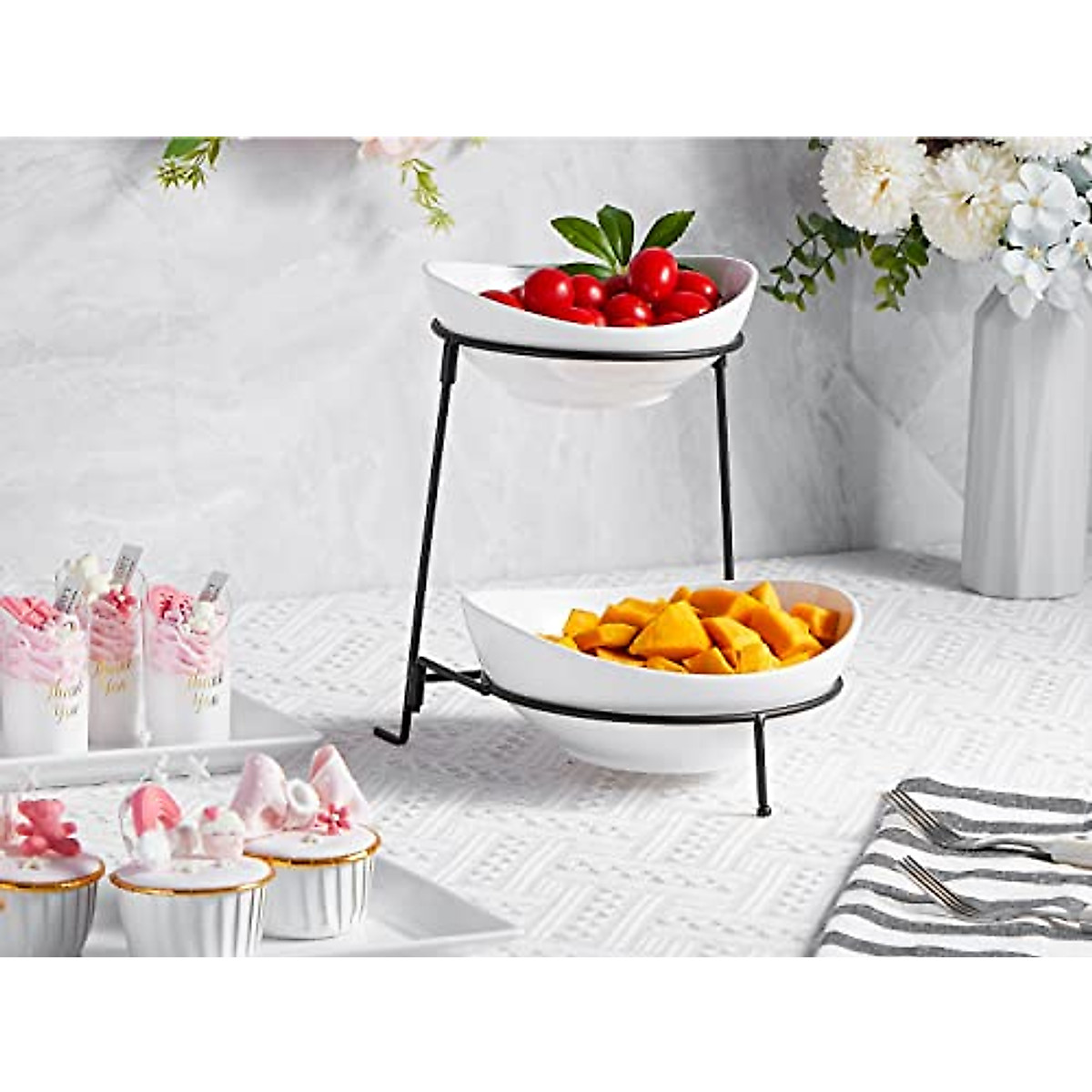ONEMORE Tiered Serving Stand - 2 Tier Ceramic Chip and Dip Bowls with Collapsible Food Display Stand - Perfect for Parties, Buffets and Entertaining - White