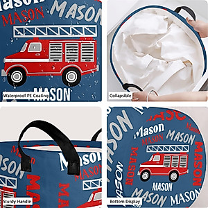 Fire Truck Blue Name Text Personalized Laundry Basket Hamper,Collapsible Storage Baskets with Handles for Kids Room,Clothes, Nursery Decor