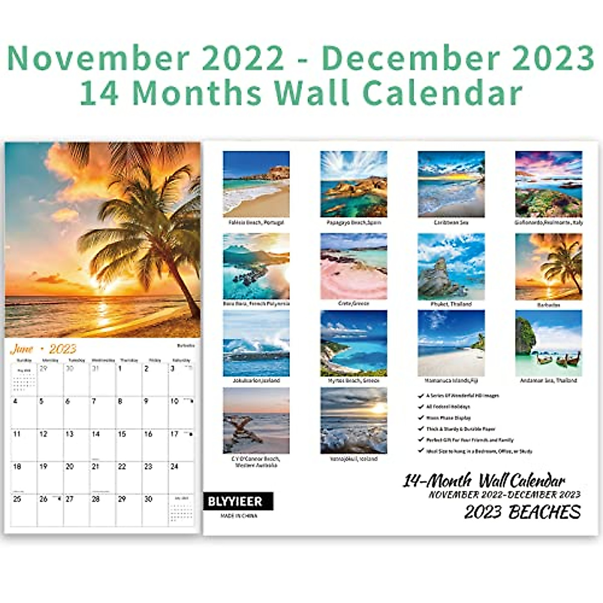 2023 Wall Calendar BEACHES, 14 Months Hangable Wall Calendars, Nov.2022-Dec.2023, Beach Calendars 2023, 12" x 24" (Open), Thick Glossy Paper, Organizing & Planning