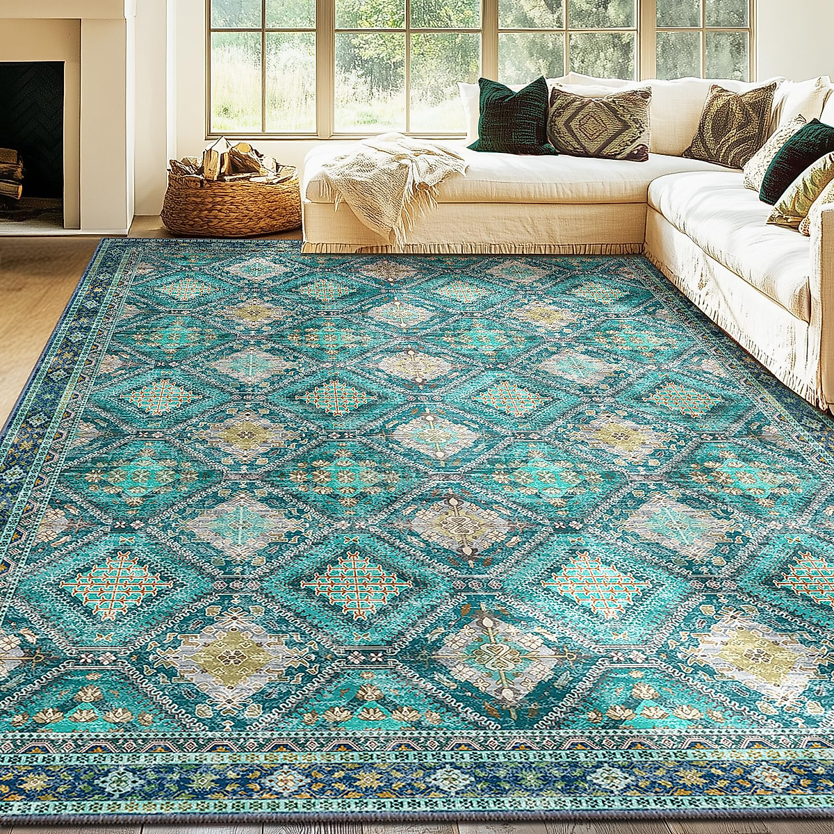 CAPALOCA Area Rug 6x9 Area Rugs Print Machine Washable Area Rug Vintage Boho Area Rug Bohemian Distressed Carpet Non Slip Low Pile Stain Resistan for Living Room Bedroom Teal/Blue/Purple