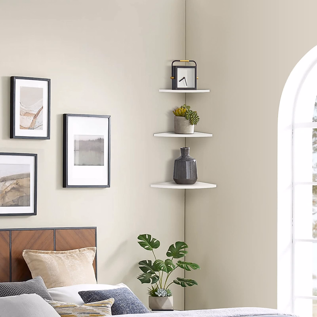 VINGVO Corner Shelves Wall Mount, White Floating Corner Shelf, Wall Corner Shelf Set of 3, Wall Corner Shelf Storage and Display for Bathroom Kitchen Countertop Closet