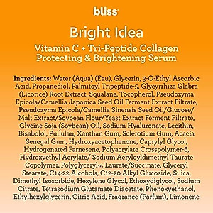 Bliss Bright Idea Vitamin C + Tri-Peptide Collagen Protecting & Brightening Serum for Dark spots, Even Skin Tone, Fine lines & Wrinkles - Clinical Grade Vitamin C - Suitable for all Skin Types- 1 Fl Oz - Clean - Vegan & Cruelty-Free