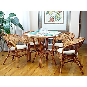 5-Pc Pelangi Rattan Wicker Dining Set with Round Table Glass Top + 4 Arm Chairs, Colonial Color