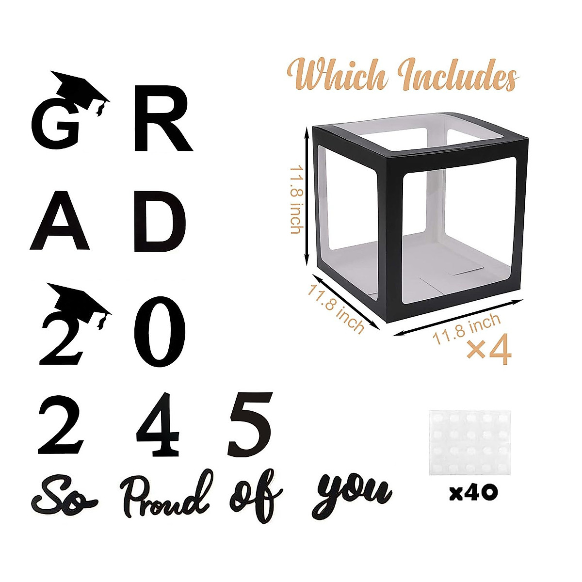 2024 2025 Graduation Party Decorations Graduate Balloon Boxes, 4 Pieces Black Balloon Boxes with Letters of GRAD, 2024/5 for Graduation Party Supplies, Class of 2024/5 School Grad Party Supplies