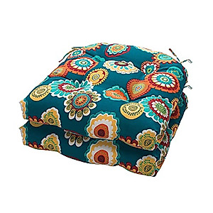 MAGPIE FABRICS Outdoor/Indoor Tufted Seat Cushion with Ties Set of 2, 19"x19" Waterproof Patio Chair Pads Tatami for Room Garden Balcony Office Decor(Heronsbill Turquoise Green)