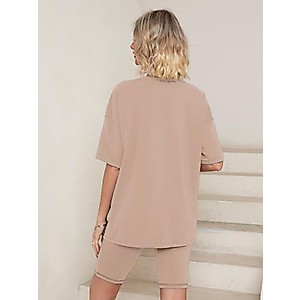 Glamaker Women 2 Piece Outfit sets Casual Oversized T-Shirt Tops Biker Shorts Workout Sport s Tracksuit Khaki Medium