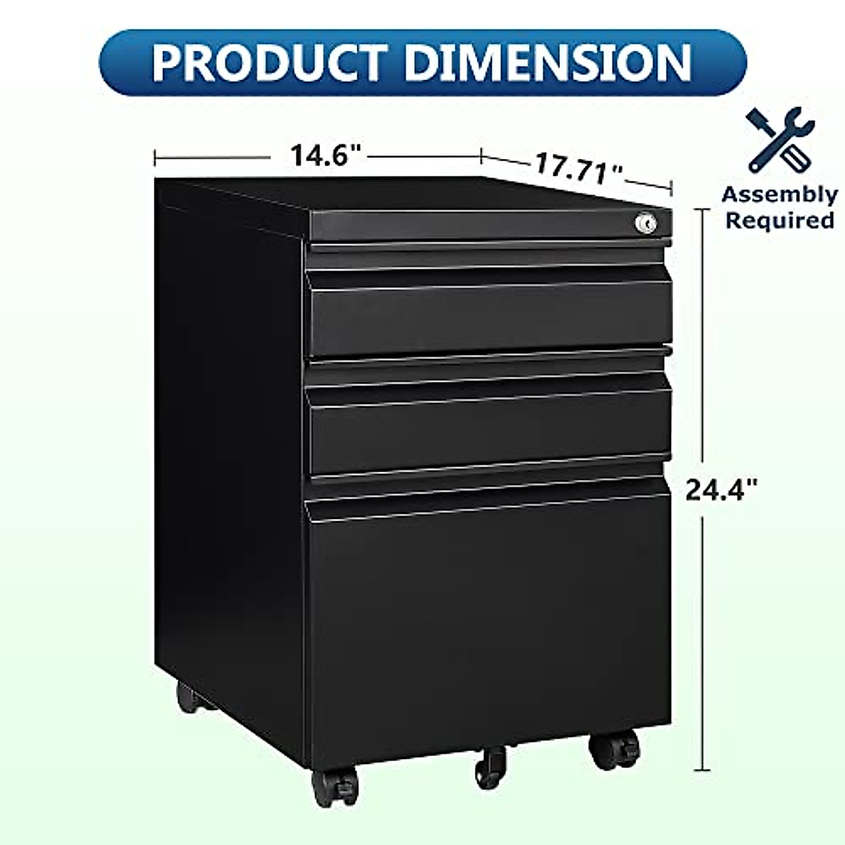 AFAIF 3 Drawer Mobile File Cabinet with Lock, Rolling File Cabinet for Home Office, Under Desk Small File Cabinet, Metal Vertical Black Filing Cabinet for Legal/Letter/A4 File, Not Assembled
