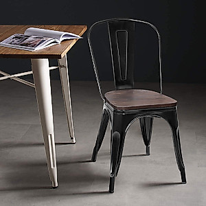 S AFSTAR 18 Inch Dining Chair Set of 4, Stackable Metal Chairs w/Wood Top Seat, Bistro Cafe Side Chair w/High Backrest for Kitchen Patio Restaurant Indoor (Black)