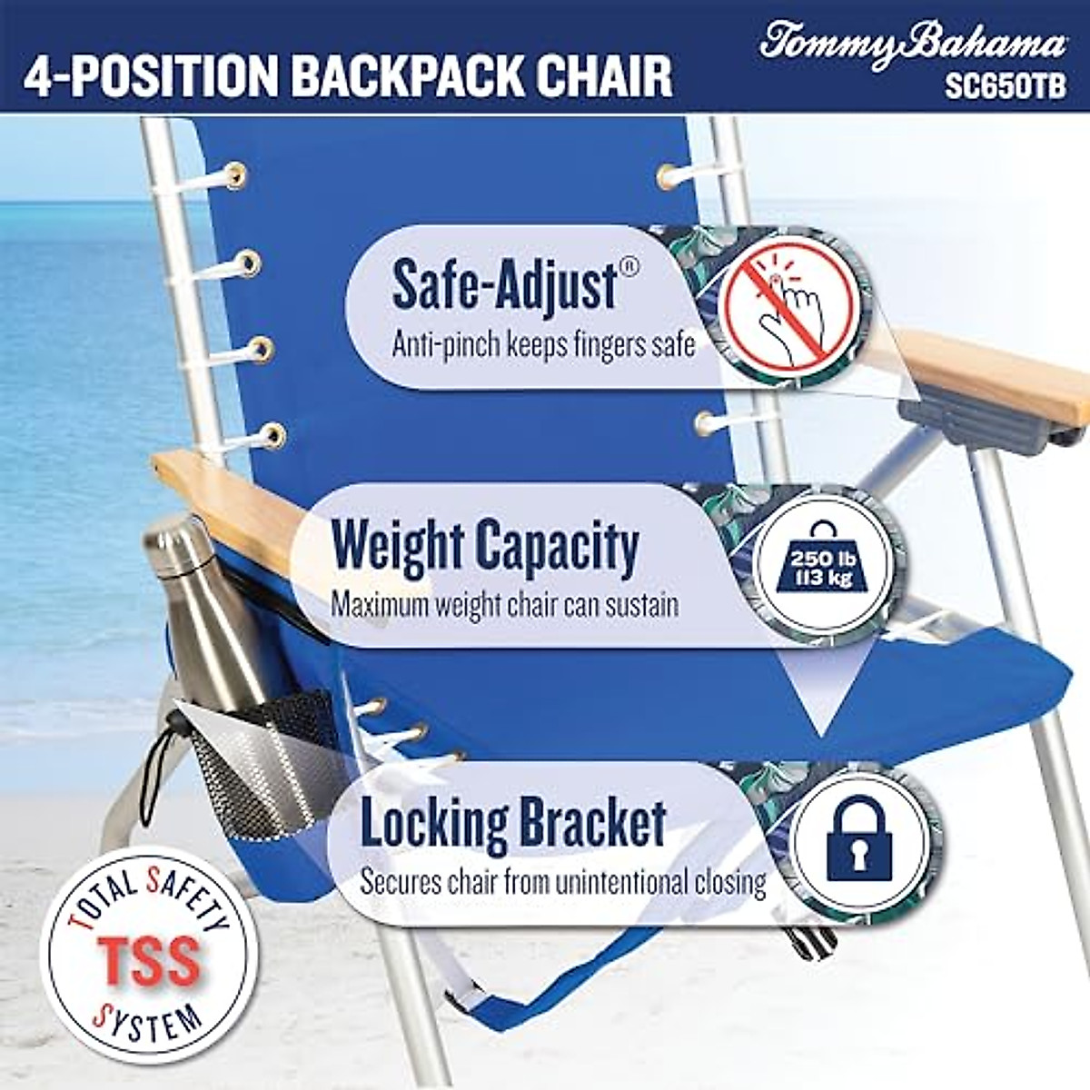 Tommy Bahama Hi-Boy 17" Seat Height 4-Position Lace-Up Suspension Folding Beach Backpack Chair, Stripe