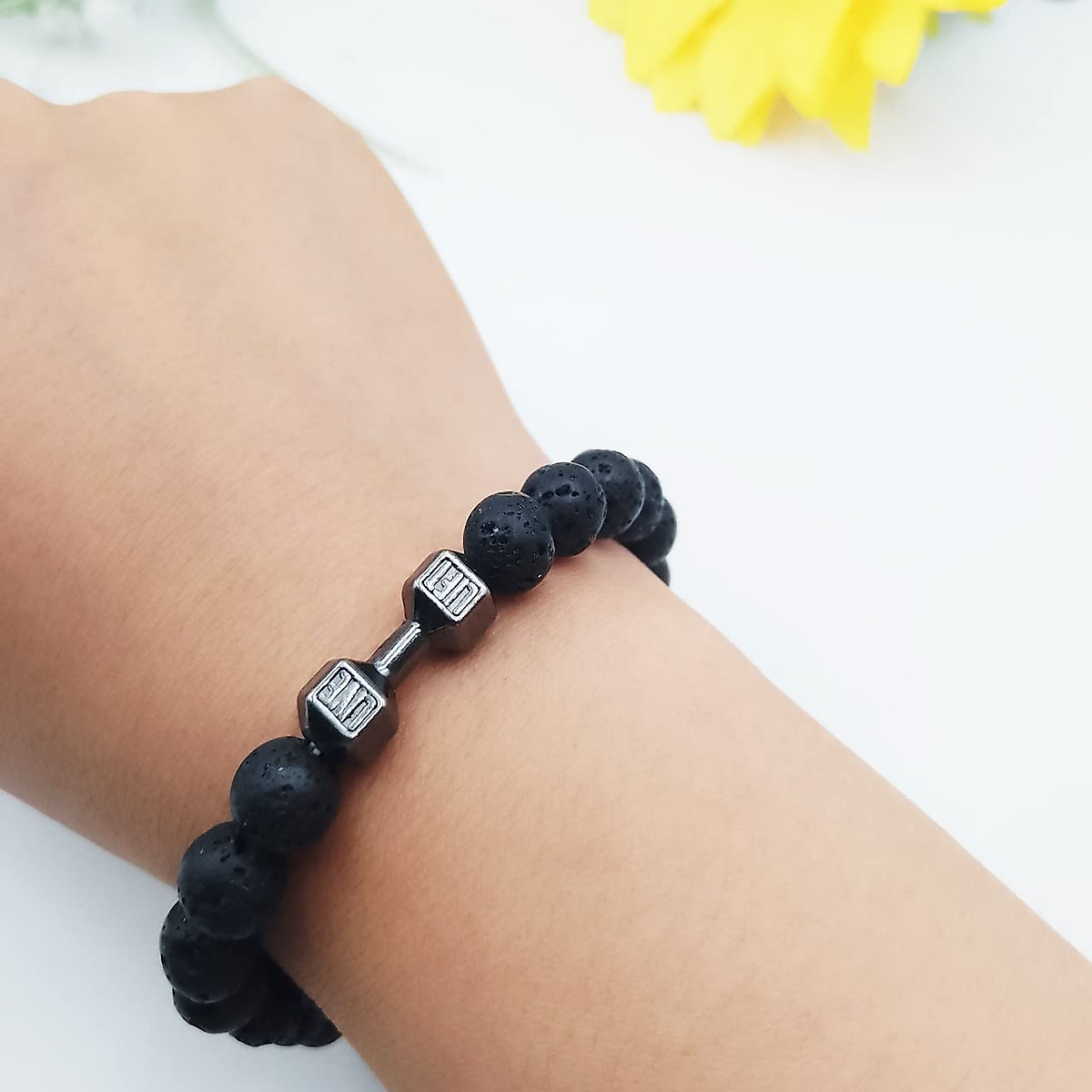 Handmade Black Dumbbell Bracelet Gym Bros Fitness Barbell Bracelet Natural Volcanic Lava Stone Adjustable Beads Bracelet Fitness Jewelry for Women (V-Black)