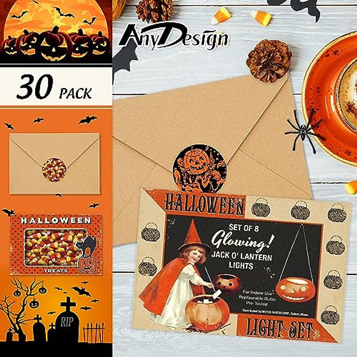 AnyDesign 30 Pack Halloween Cards Horror Character Greeting Cards with Stickers Envelopes Scary Movie Character Blank Note Cards for Halloween Birthday Party Supplies, 4 x 6 Inch