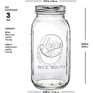 Tebery 3 Pack Wide Mouth Mason Jars 64 oz with Airtight Lids and Band, 1/2 Gallon Clear Glass Storage Jars For Canning, Fermenting, Pickling, Storing