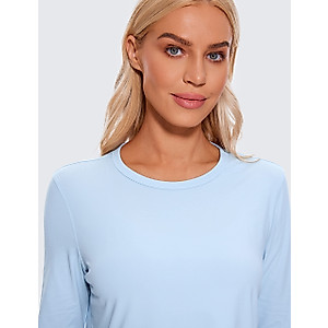 CRZ YOGA Pima Cotton Long Sleeve Workout Shirts for Women Loose Cropped Tops Athletic Sports T-Shirt Blue Linen Medium