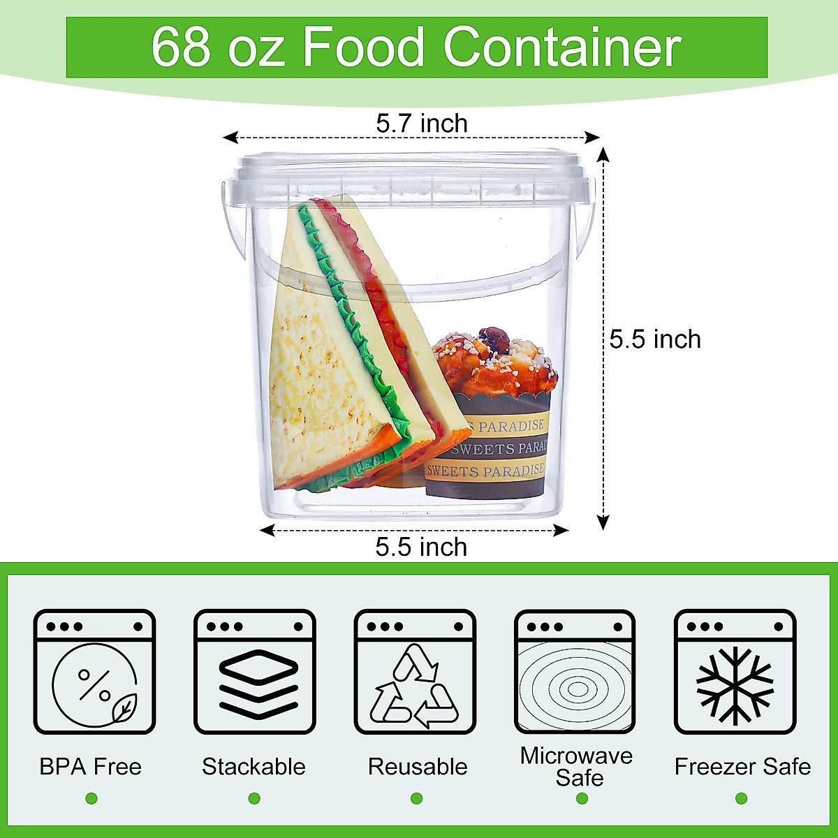Macarrie 50 Pack 68 oz Square Deli Containers with Lids Clear Plastic Food Storage Containers Airtight Deli Containers with Lids and Handles for Food Prep Freezer Kitchen Restaurant Supplies