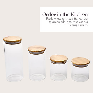 WHOLE HOUSEWARES Glass Jars with Bamboo Lids - 4-Piece Modular Set (33.8oz, 25.4oz, 15.2oz, 11.2oz) with Modern Wooden Lids - Transparent, Fresh & Convenient Air Tight Pantry Storage Containers