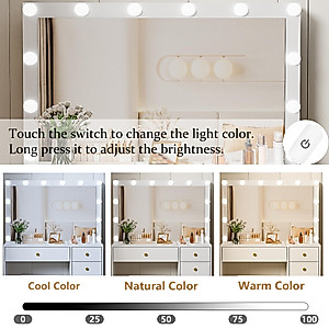 PAKASEPT Makeup Vanity Desk with Lighted Mirror and Charging Station, 39.4" White Vanity Table with 3 Lighting Colors, Hidden Sliding Shelves, 5 Drawers & Stool, Vanity Set for Bedroom