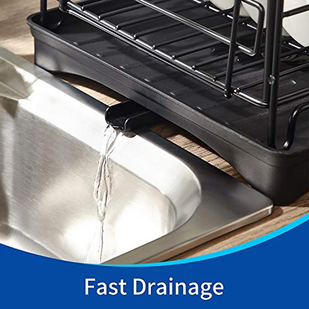 Flaovoth Dish Drying Rack, Dish Drainers for Kitchen Counter Dish Rack with Drying Drainboard and Utensil Holder, Rust-Proof Stainless Steel, Black, 16.65’’L x 11.93’’ W x 6.41’’H