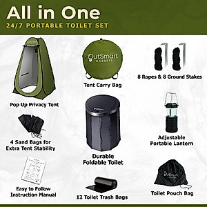 Outsmart Gadgets Portable Toilet Kit For Adults with Camping Night Lantern, Folding XL Toilet Seat, Pop Up Privacy Tent and Carry Bags, Multipurpose Potty, Washable Foldable for RV and Travel