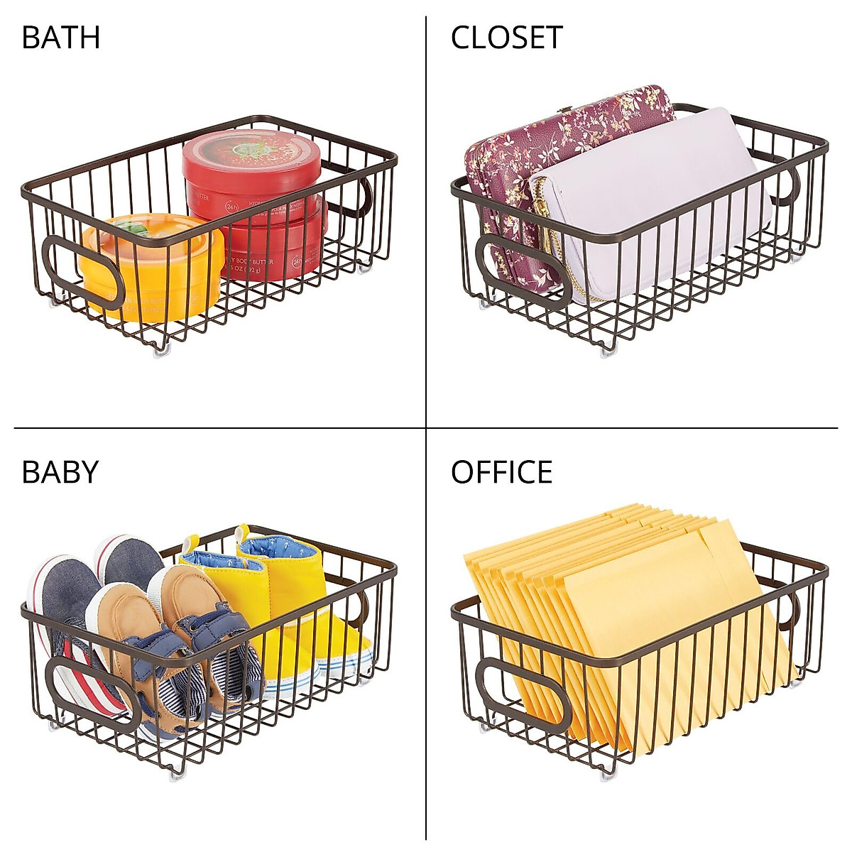 mDesign Farmhouse Decor Metal Wire Food Storage Organizer, Bin Basket for Kitchen, Pantry, Bathroom, Laundry Room, Closets, Garage - High - Small, 4 Pack - Bronze