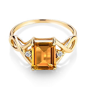 Gem Stone King 18K Yellow Gold Plated Silver Yellow Citrine and White Topaz Ring For Women (2.41 Cttw, Gemstone Birthstone, Emerald Cut 9X7MM, Available in size 5, 6, 7, 8, 9)