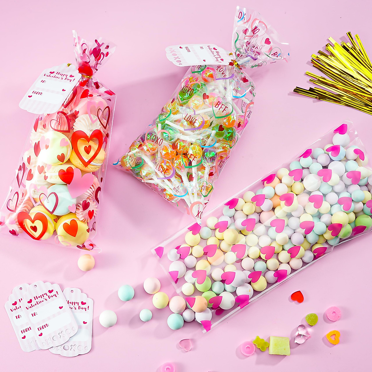 JOYIN 150 Pcs Valentine's Day Cellophane Gift Bag with Gift Tag, Candy Bag with 6 Valentine’s Themed Designs for Kids Party Favor, Classroom Exchange Prizes,Valentine’s Goody Bag