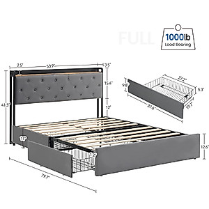 IDEALHOUSE Full Size Bed Frame with 4 Storage Drawers and Charging Station, Upholstered Velvet Platform Bed Frame with Storage Headboard and Sturdy Wooden Slats Support, No Box Spring Needed