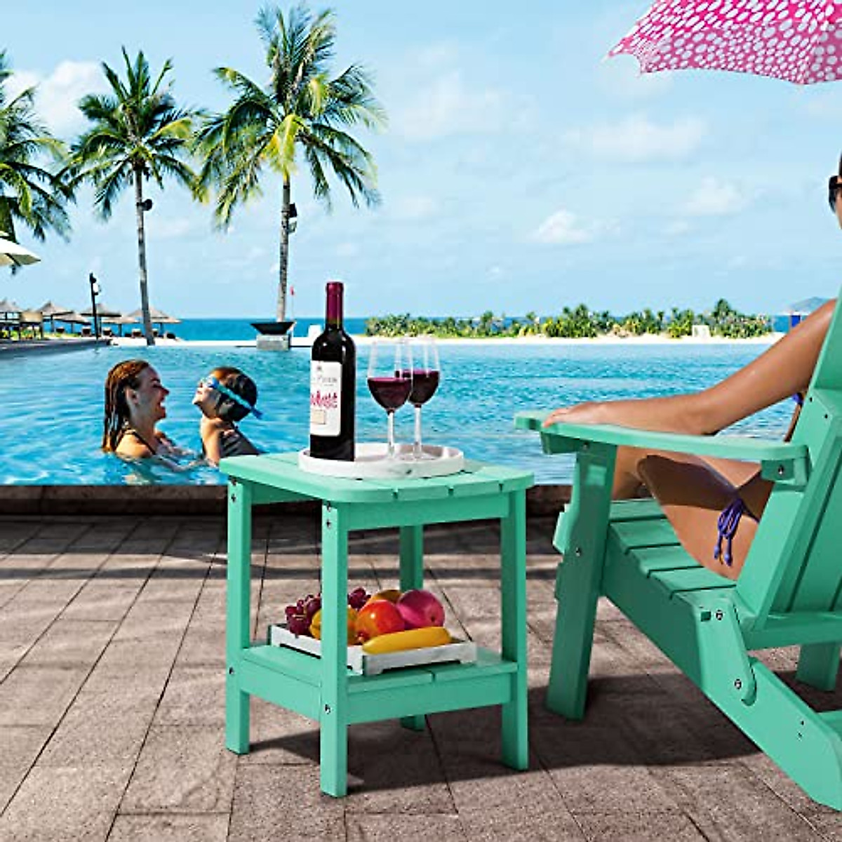 Luxspire Outdoor Side Table, Weather Resistant Adirondack Side Table, Double-Layer Small Patio Porch Balcony End Table, Rectangular Poly Plastic Tea Coffee Table for Deck Garden Furniture, Turquoise