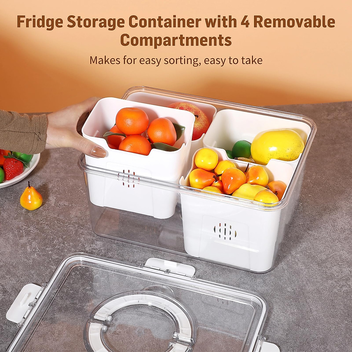 Lnrueg Airtight Fresh Produce Containers for Fridge - 4 Compartments with Handle, Berry Containers for Fridge, BPA-Free Fresh Produce Saver & Refrigerator Organizer Bins