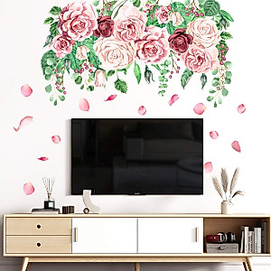 Peony Flowers Wall Decals Rose Flower Green Leaves Stickers DIY 3D Removable Floral Rose Skirting Wall Art Murals for Kids Baby Girls Bedroom Living Room Nursery Kitchen Office Room Decoration (Pink)