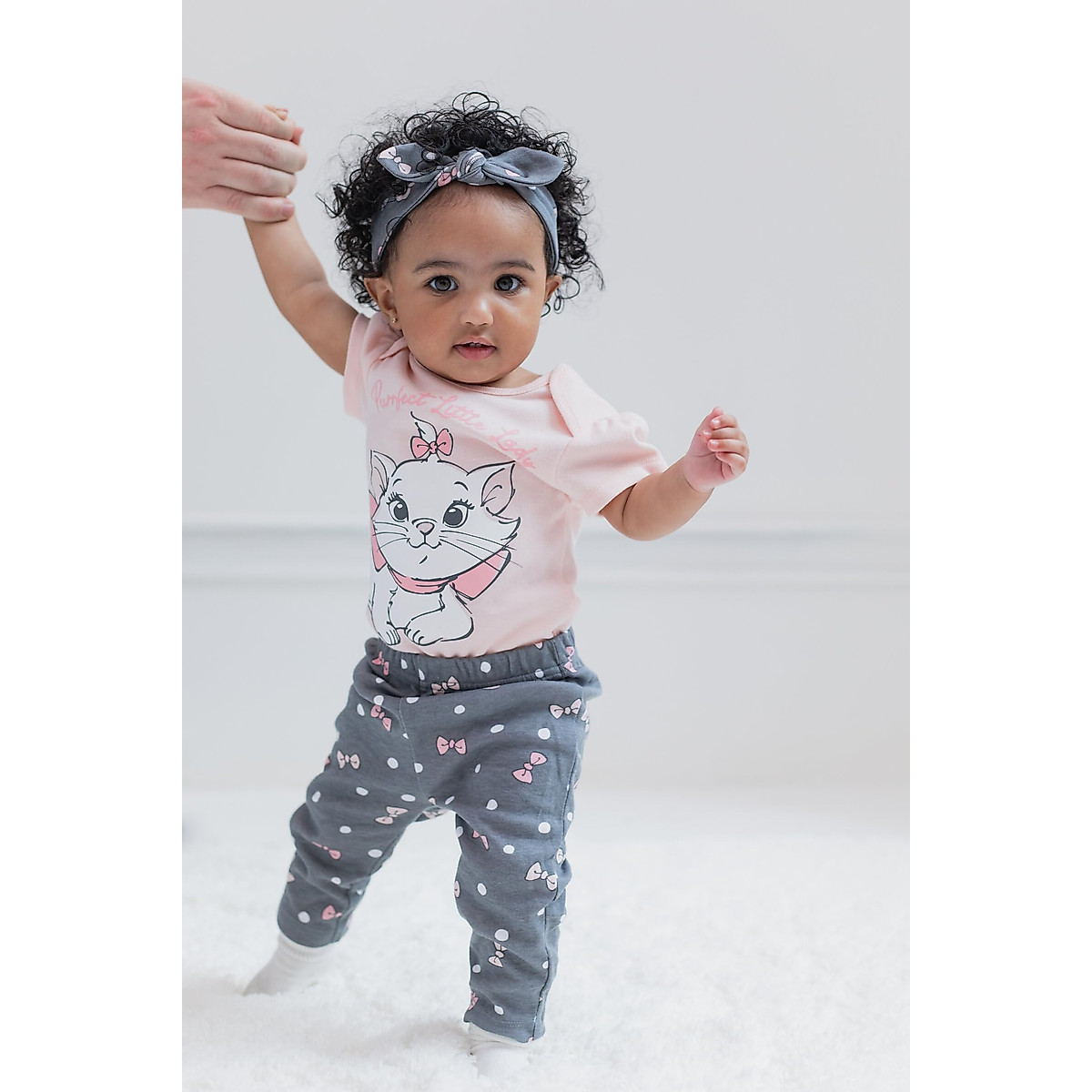 Disney The Aristocats Marie Newborn Baby Girls Bodysuit Pants and Headband 3 Piece Outfit Set Gray/Pink 0-3 Months