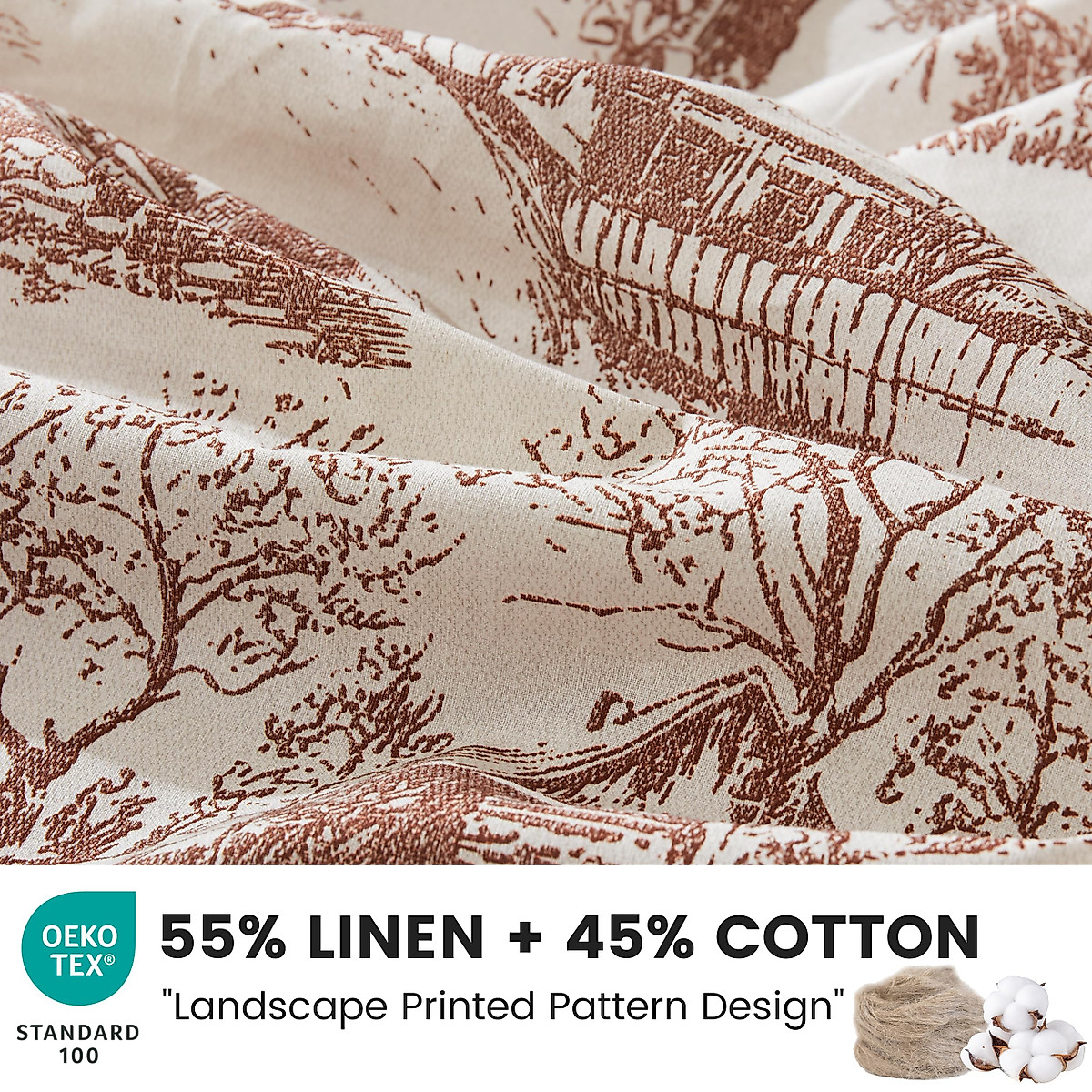 BISELINA Vintage Linen Duvet Cover Set Landscape Printed Pattern 3pcs (1 Comforter Cover, 2 Pillow Shams)- Natural Flax Cotton Blend Reversible Breathable Retro Country Bedding - Coffee, Queen