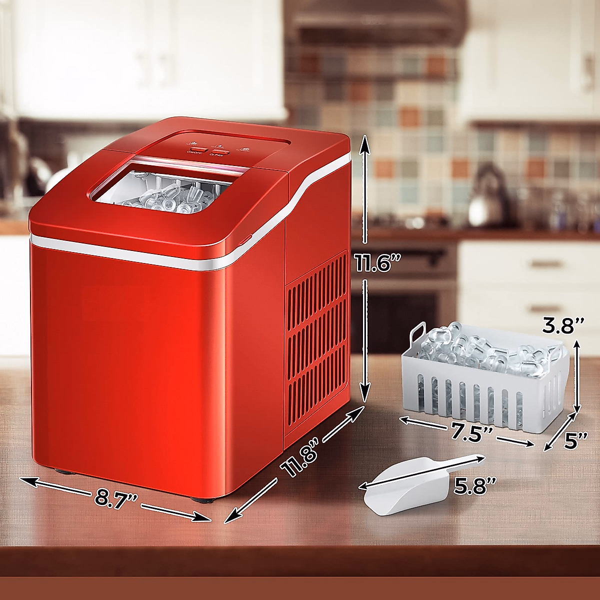 MAT Expert Countertop Nugget Ice Maker, 26LBS/24H, 9 Cubes in 8 Min, Bullet-Shaped Ice Makers, 1.6L Water Tank & 1.6L Bucket, Scoop, Self-Clean Compact Tabletop Ice Maker for Home/Bar/Office (Red)