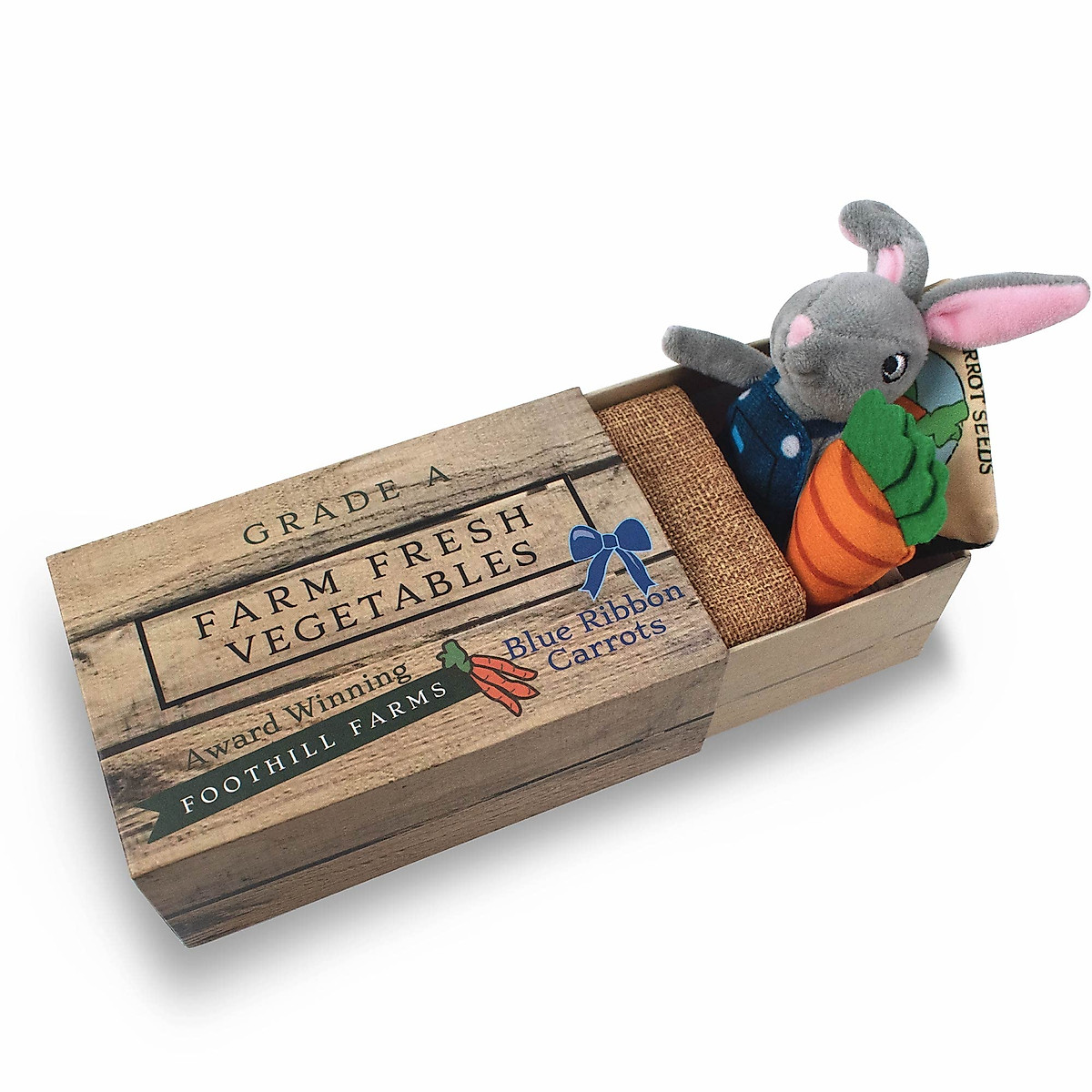 Foothill Toy Co. Animals in Boxes - 'Hopper The Garden Rabbit' Playset with Stuffed Bunny in a Vegetable Crate Bed