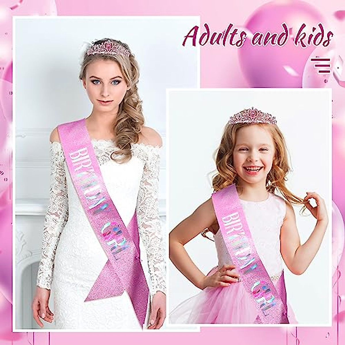 Birthday Girl Sash and Crown Set, Rhinestone Birthday Girl Headband Glitter Princess Birthday Sash And Crowns for Women Happy Birthday Tiara Accessories Favors (pink)