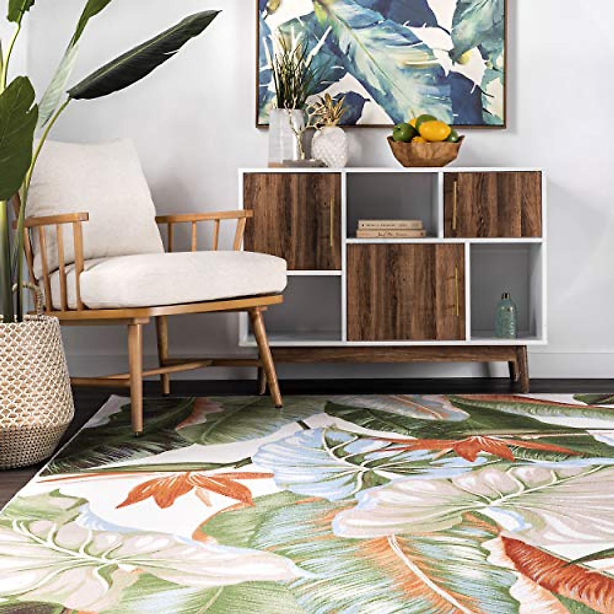 nuLOOM Nevaya Machine Washable Floral Leaves Ultra Thin Area Rug, 8' x 10', Green