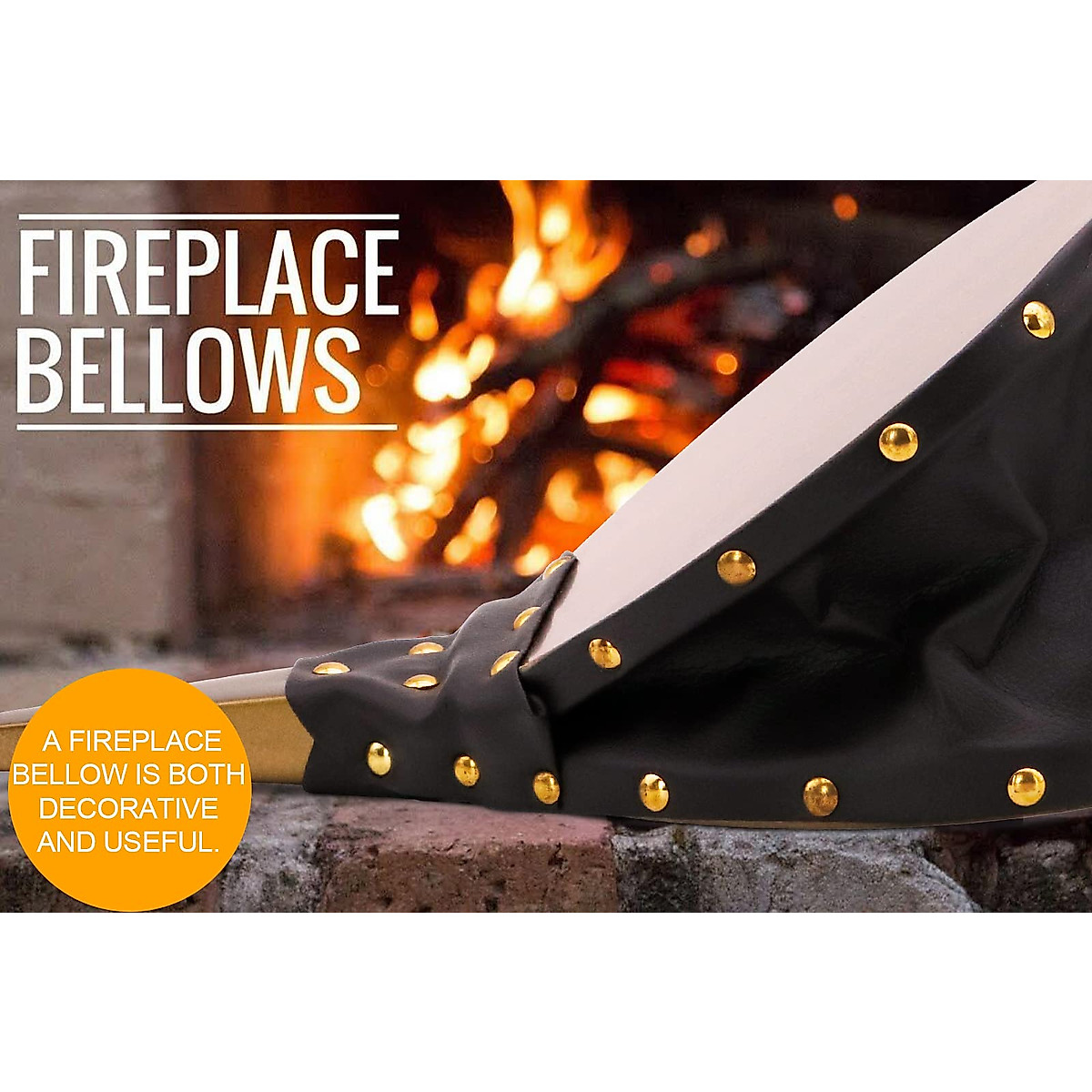 Wood Fireplace Bellows 17''x7.5'' with Hanging Leather Strap, Brown Air Bellower for Outdoor BBQ and Camping