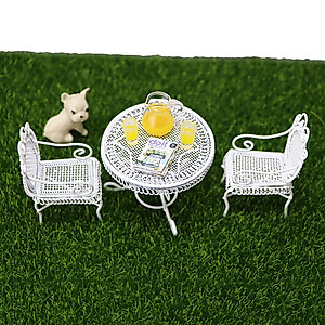 Dollhouse Miniature Bistro Table & Chairs Set Accessories Metal 1:12 Scale Miniatures White Coffee/Tea Furniture Fairy Garden Cute Rustic Elegant Decorations Ornaments (A)