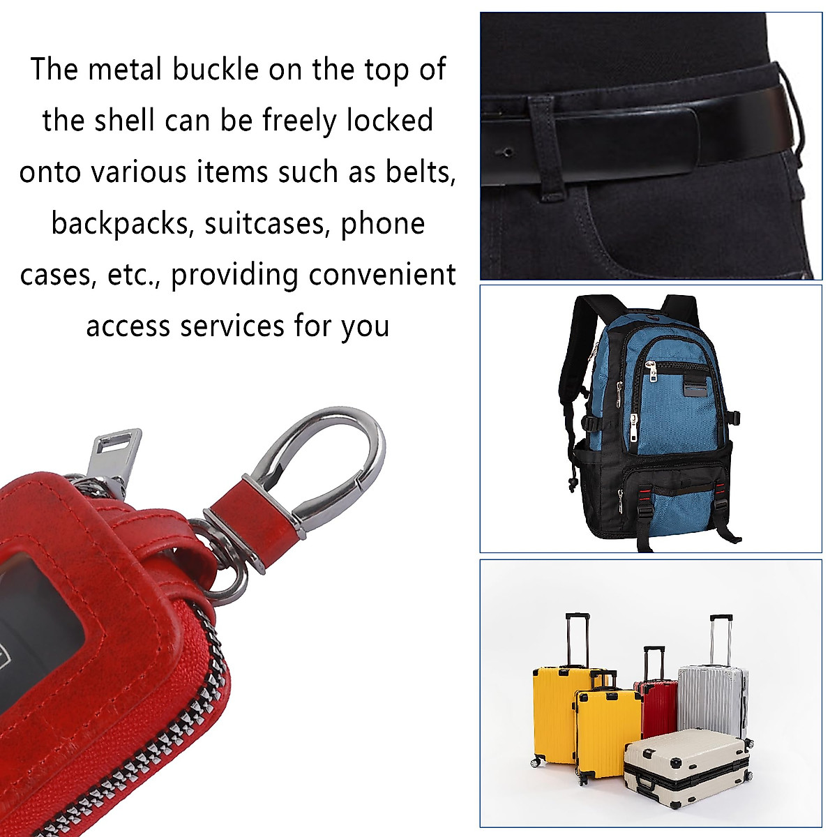 Turcee Car Key Cover,Leather Key Fob Case with Keychain & Carabiner,Universal Smart Key Fob Holder Fits Most Cars (Red)