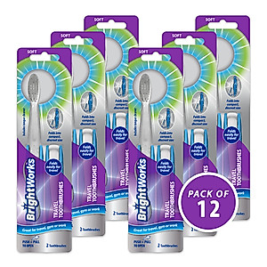BrightWorks Folding Travel Toothbrush (12 Total, 6 Sets of 2) with Built-in Cover. Portable with Soft Bristles and Tongue Cleaner. for Camping, Hiking, Travel, Work, Gym, Purse, Backpack.